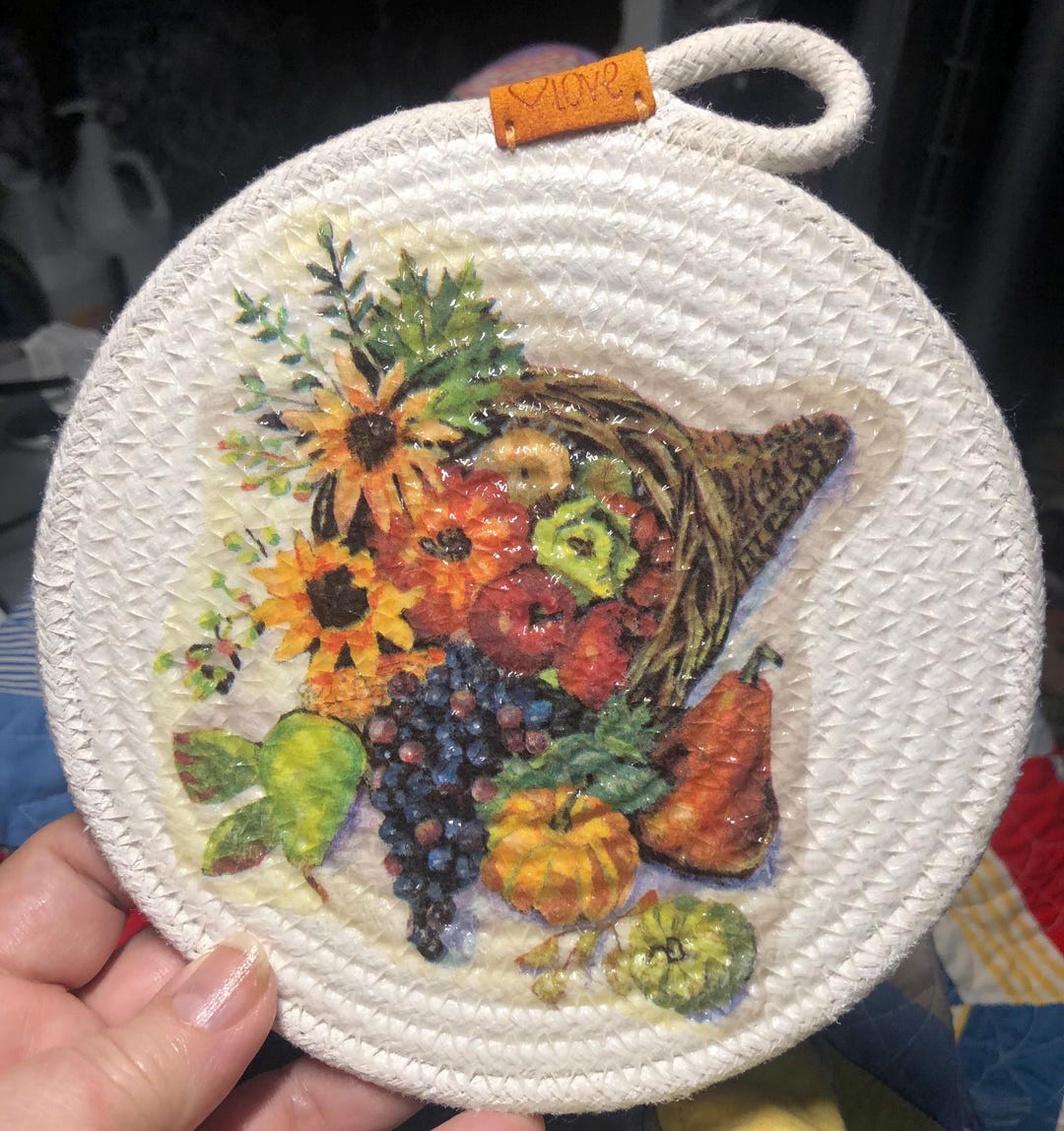 Autumn Cornucopia Thanksgiving Coaster Candlemat Trivet Coiled Cotton ...