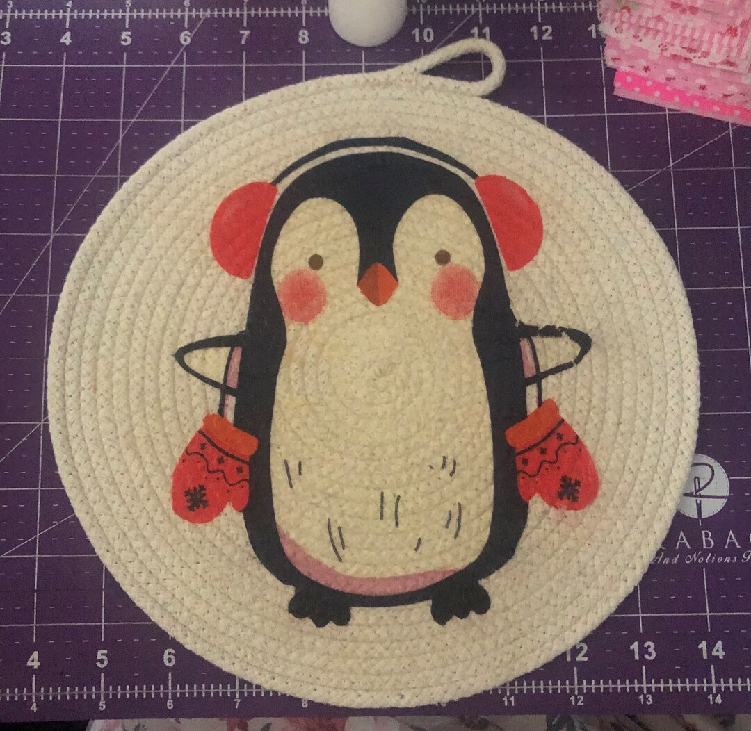Penguin Large Size Trivet Tablemat Coaster Placemat Candlemat Coiled Cotton Clothesline 10 Round ...