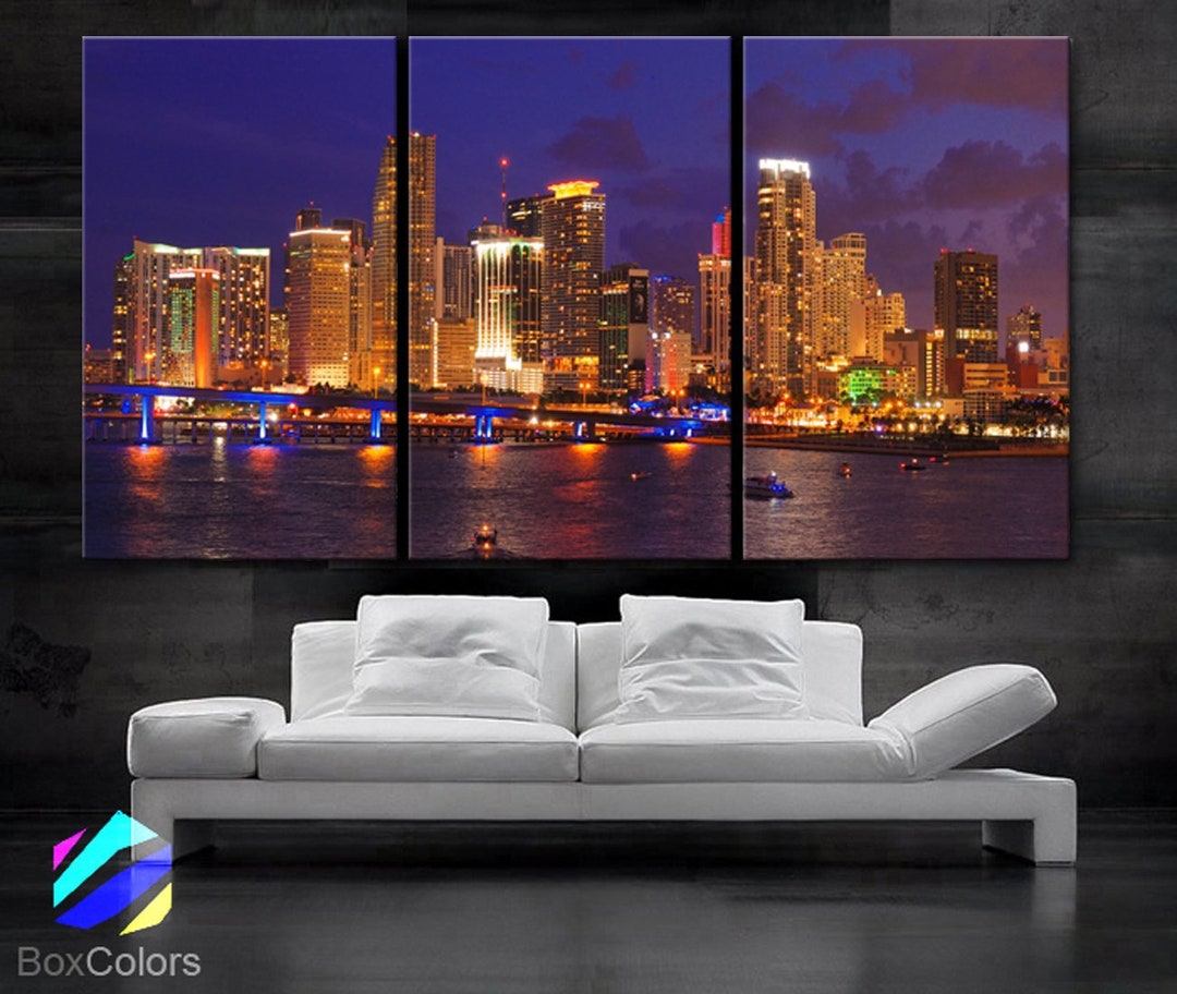 LARGE 30"x 60" 3 Panels Art Canvas Print Beautiful Miami Skyline ...