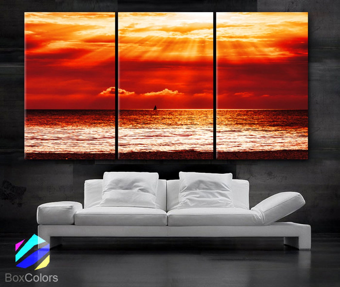 LARGE 30"x 60" 3 Panels Art Canvas Print Beautiful Beach Sunset Red ...