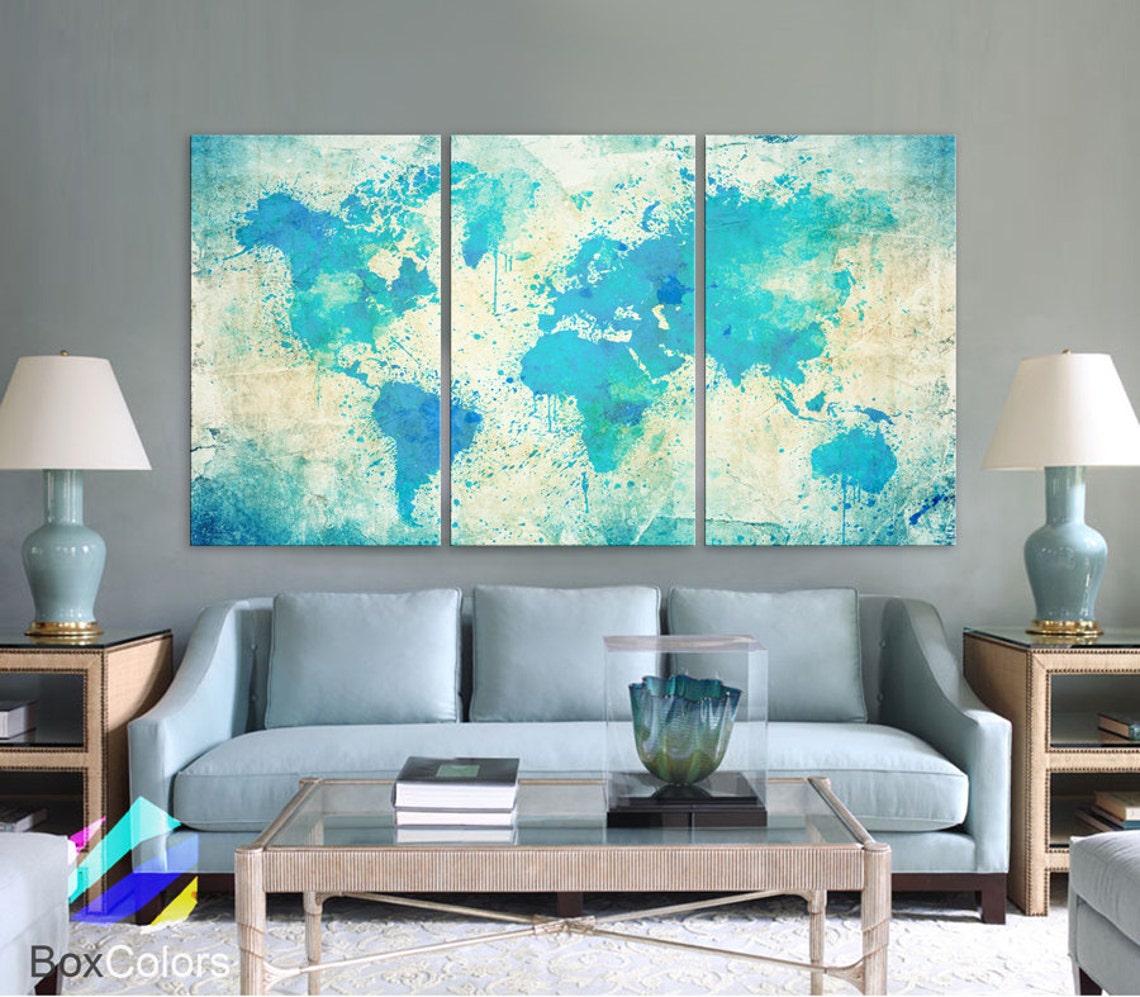 LARGE 30"x 60" 3 Panels Art Canvas Print Original Watercolor Light Blue ...