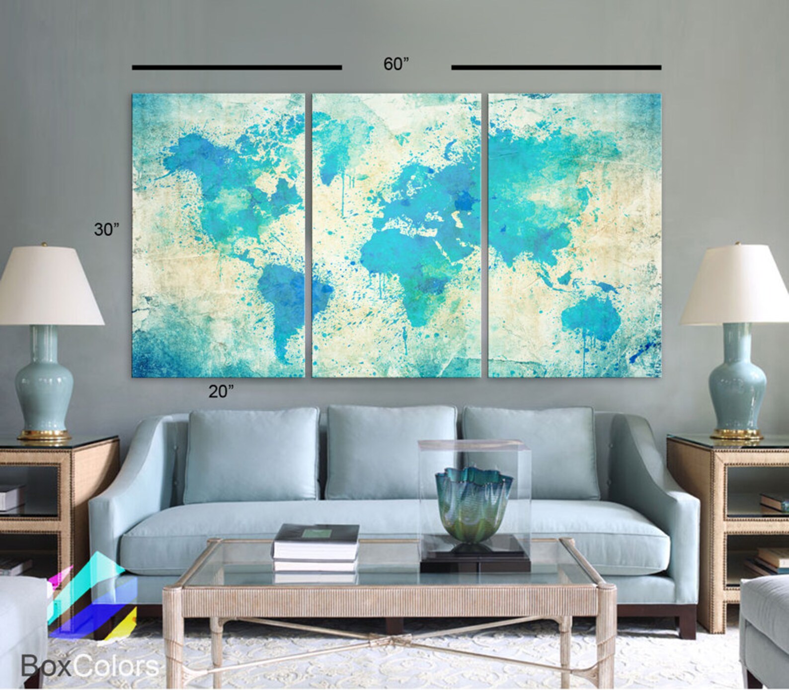 LARGE 30"x 60" 3 Panels Art Canvas Print Original Watercolor Light Blue ...