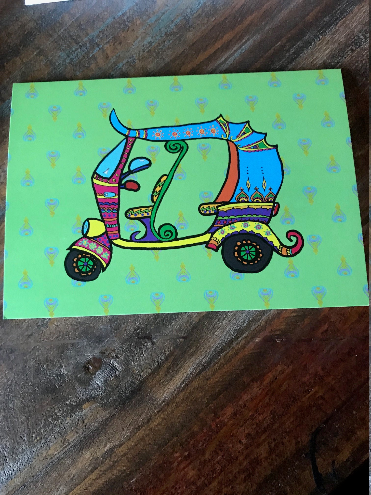 Going Places Cartoon Auto-rickshaw Brightly Colored Blank Greeting Card ...