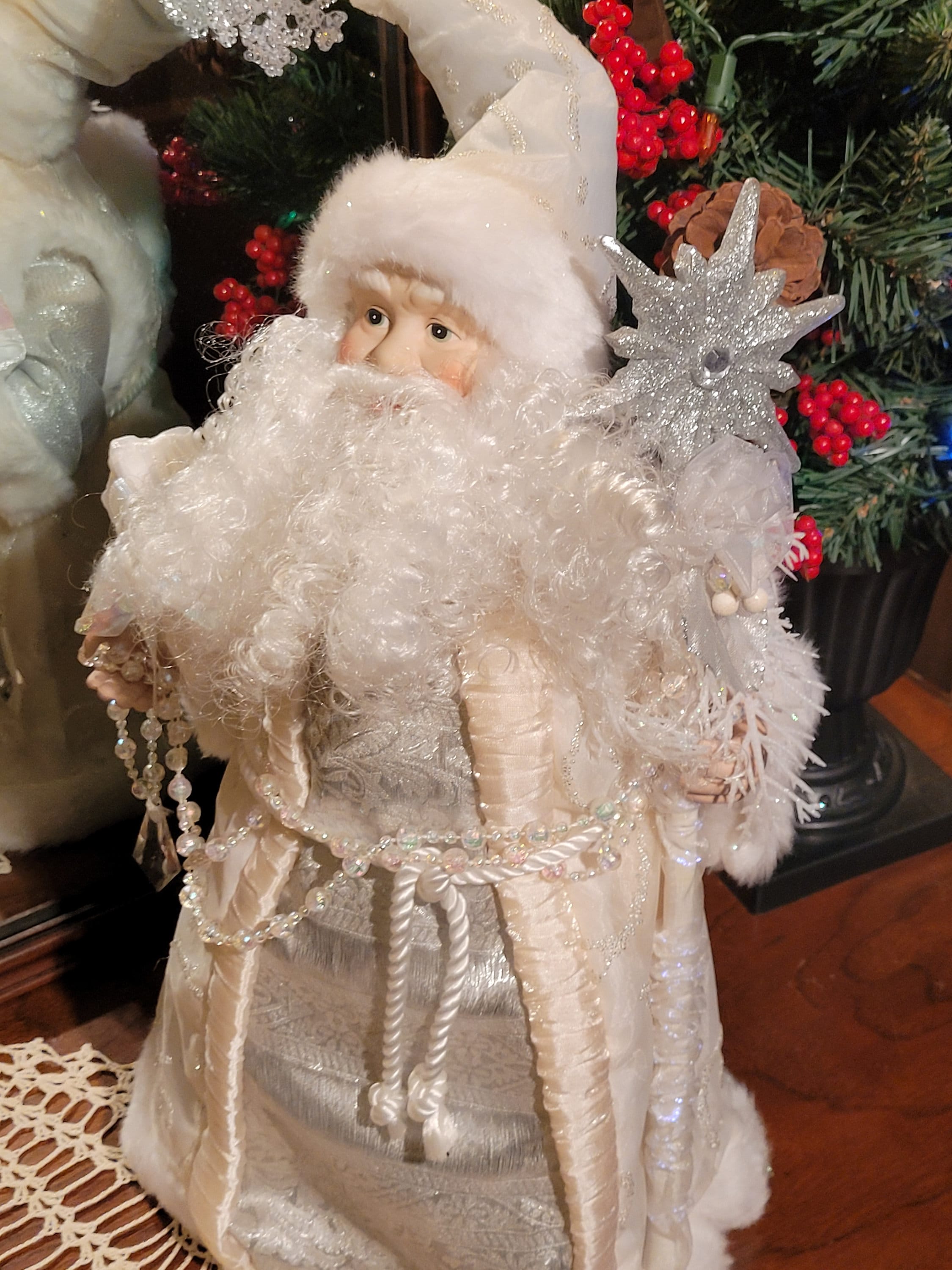 Santa Claus in White Santa's Workbench Tree Top Decoration or Figurine ...