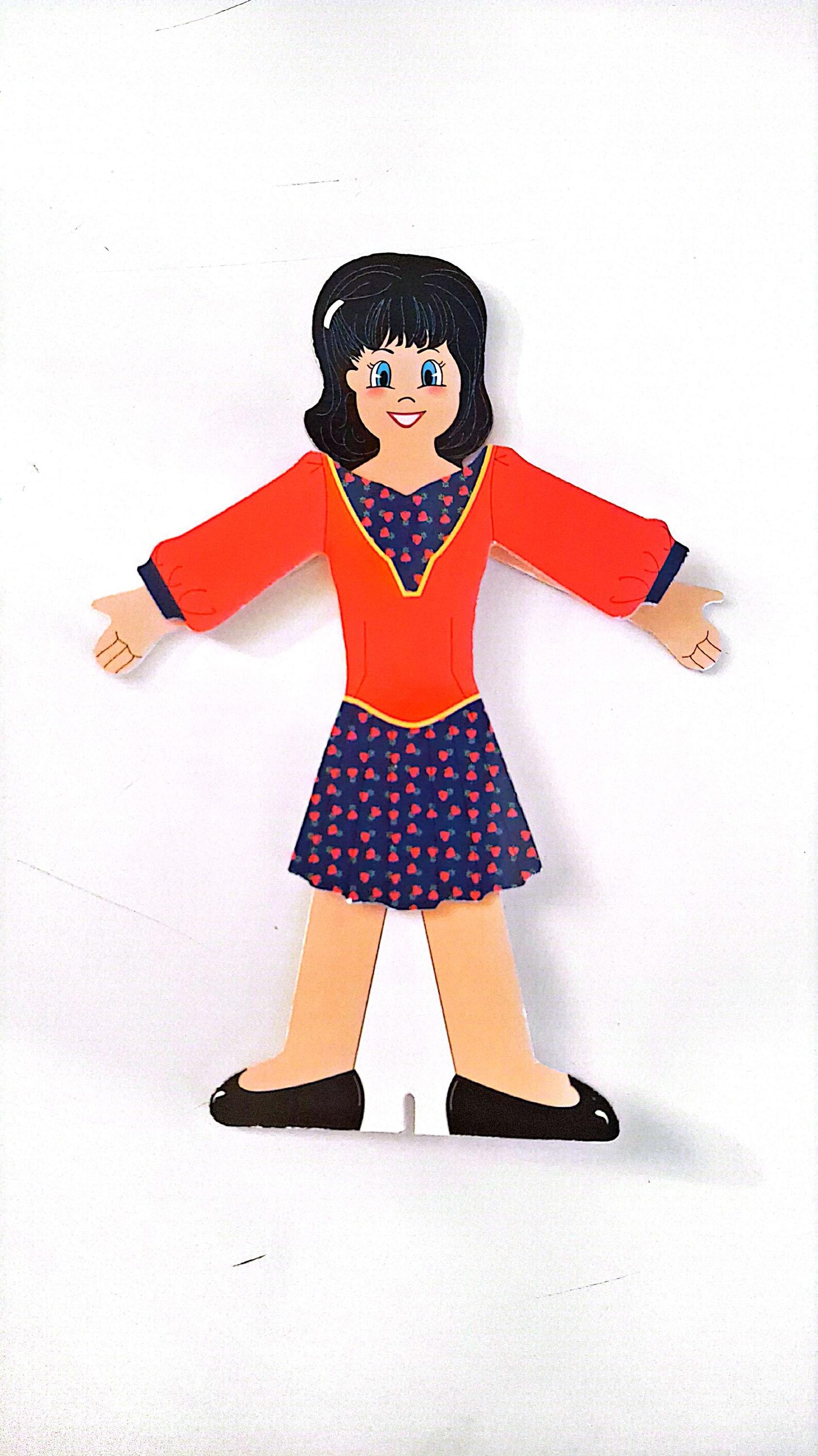 Vintage Carousel Kids Plastic " Paper " Doll Black Hair With Blue and ...