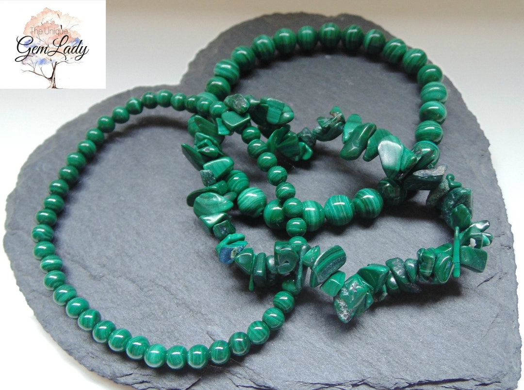 Malachite Chip, or Round Bead Beaded Stretch Bracelet Gemstone Crystal ...