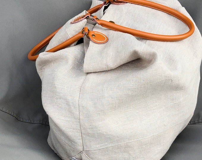 Très grand sac en lin naturel lavé anses aspect cuir naturel. - Etsy France