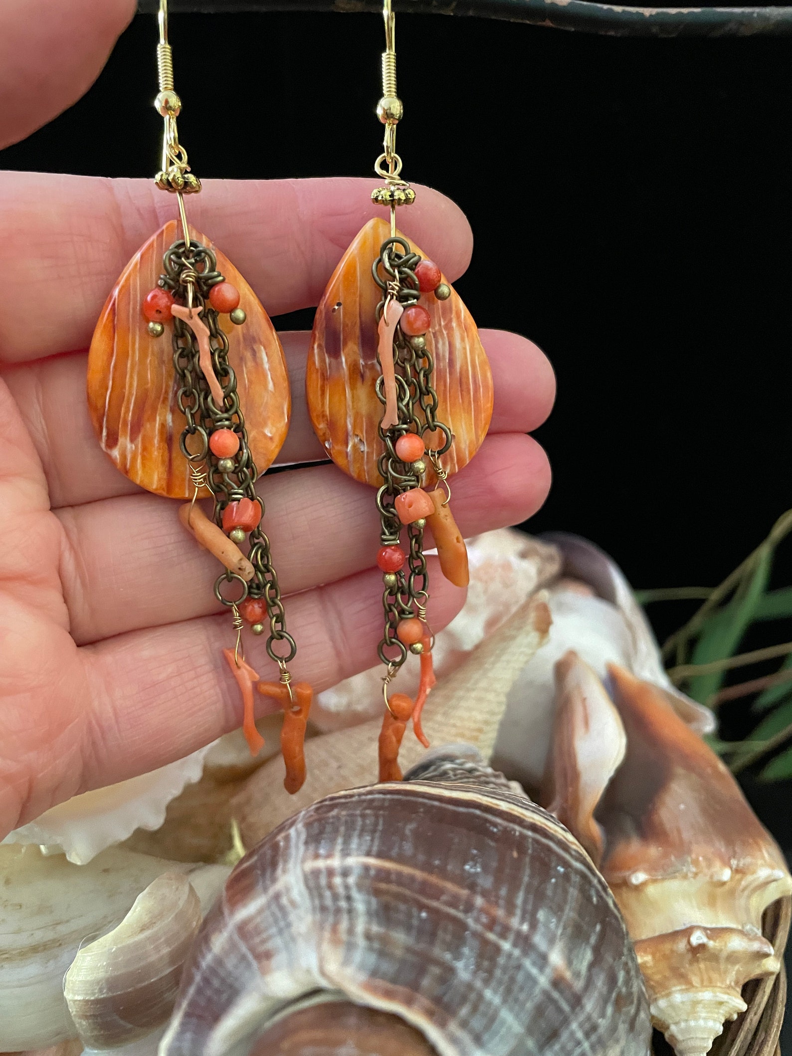 Spiny Oyster Shells Earrings With a Dash of Orange Branch - Etsy