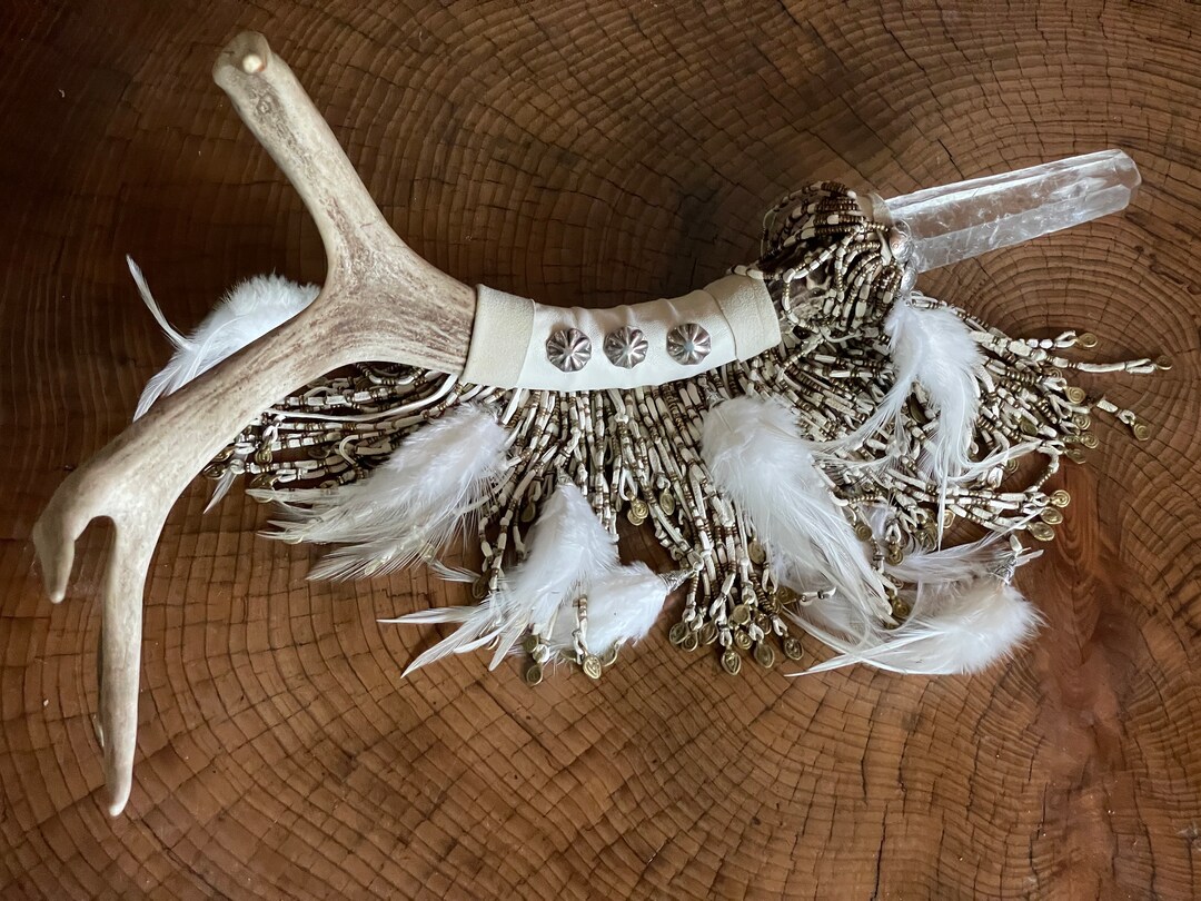 Shamanic Quartz Crystal Wand, Deer Antler, Feather, Tribal Adornment ...