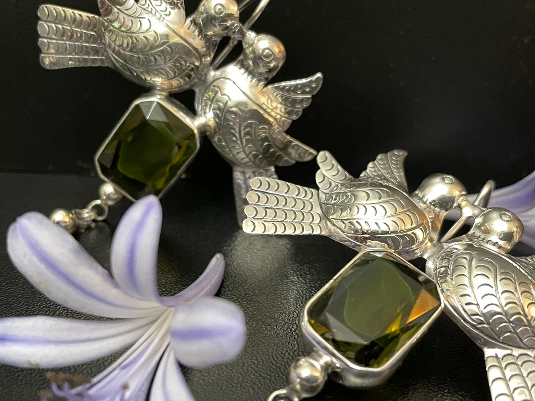 Federico Jimenez Sterling Silver Bird Earrings, Citrine Green Glass ...