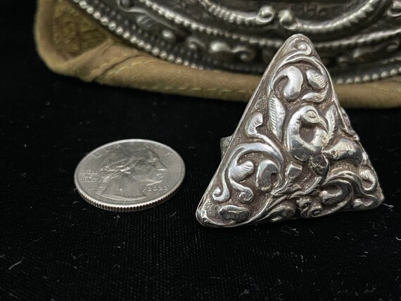 Adjustable, Triangle Embossed Tribal Silver Ring with… - Gem