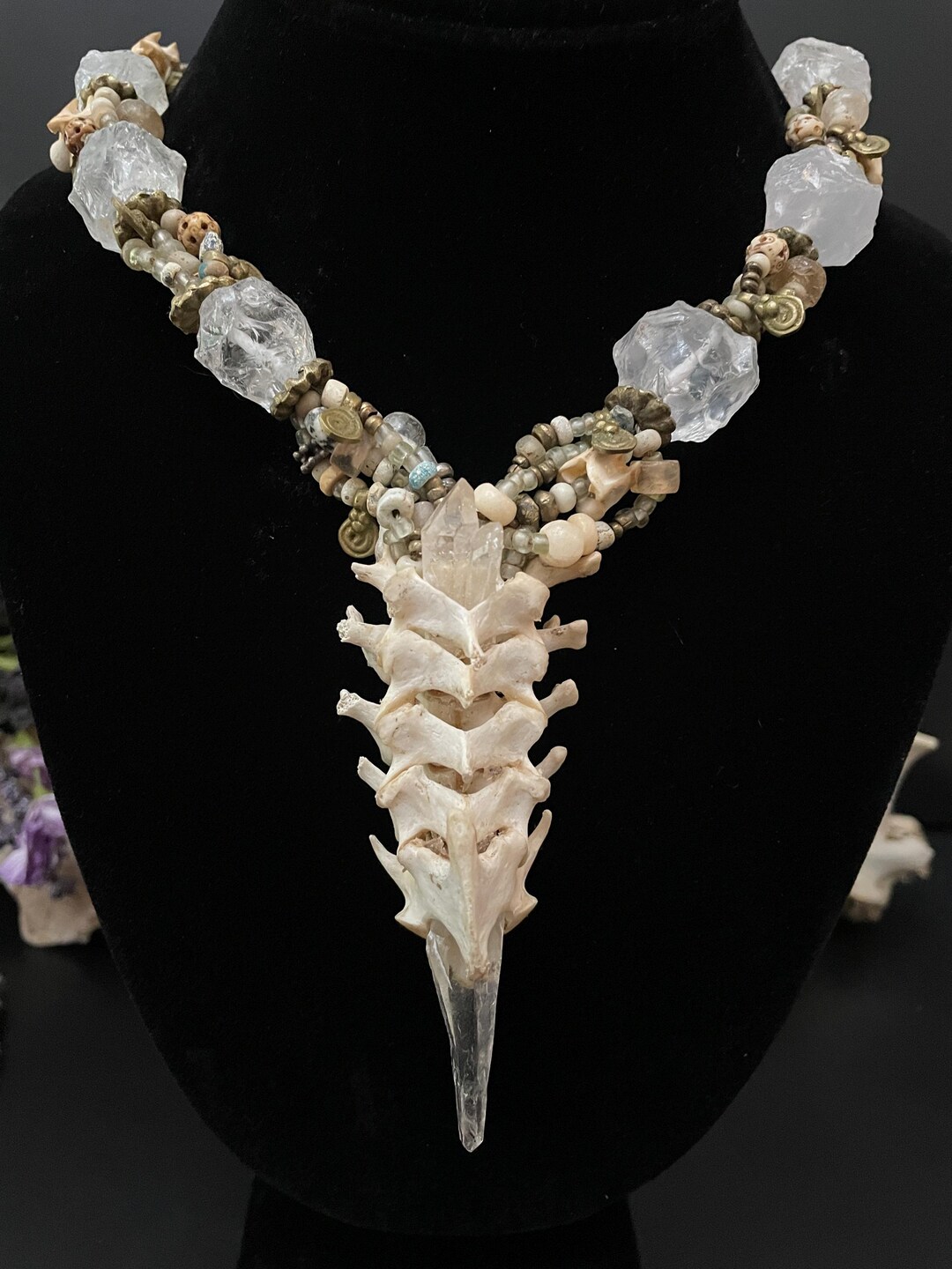 Gothic, Ceremonial Necklace, Crystal, Snake Vertebrae Bone, Possum ...