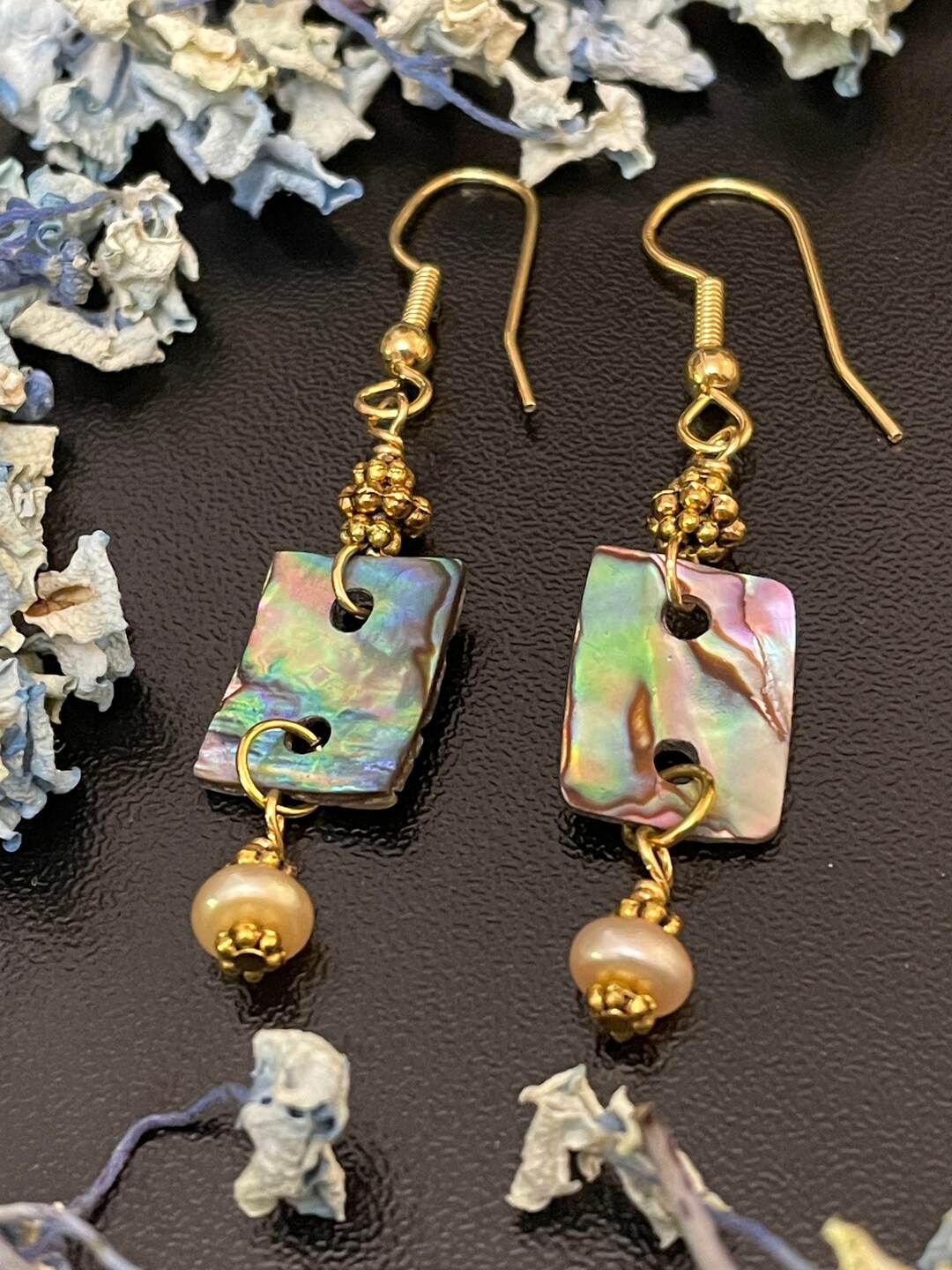 Pearls With Abalone Drop Earrings Mermaids Delight Lightweight Artist Teresa Bradford Etsy