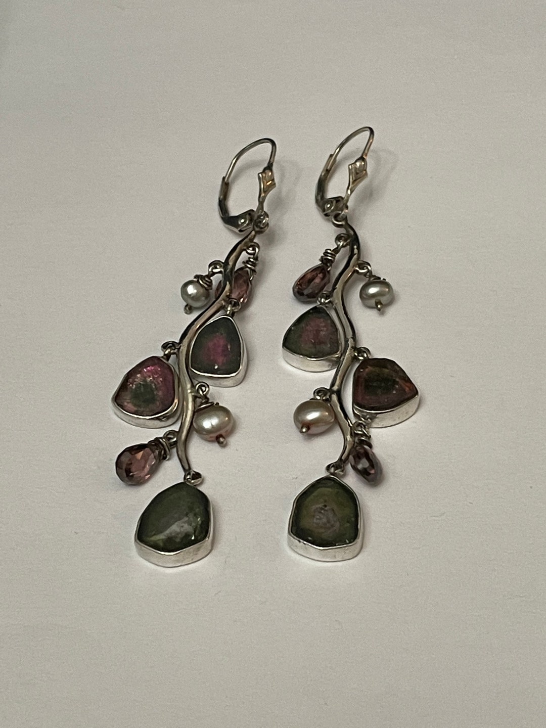 Tourmaline, Pearls, and Sterling Silver Dangle Drop Earrings ...