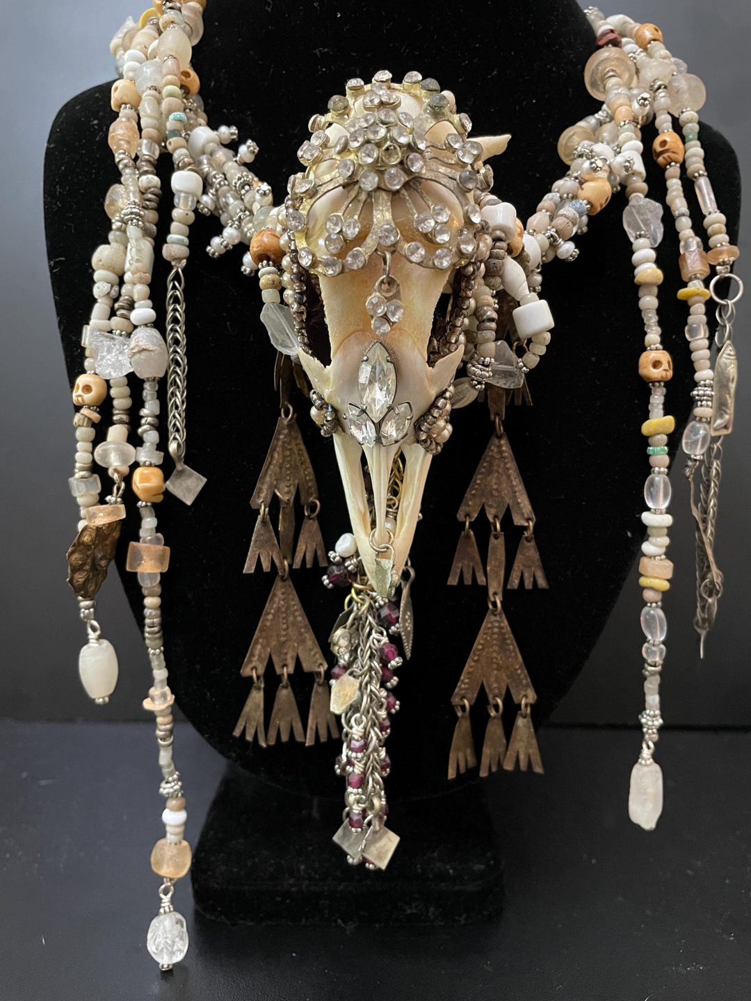 Turkey Spirit Necklace, Pearls, Skull, Bones, Vintage Excavated Glass ...