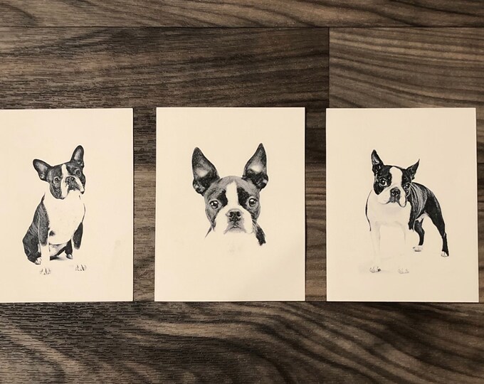 Set of 6 or 12 Handmade Blank Boston Terrier Print Dog Print Note Cards ...