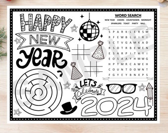 New Year's Eve Placemat 2024 Activity Sheet NYE Coloring Tic Tac Toe ...