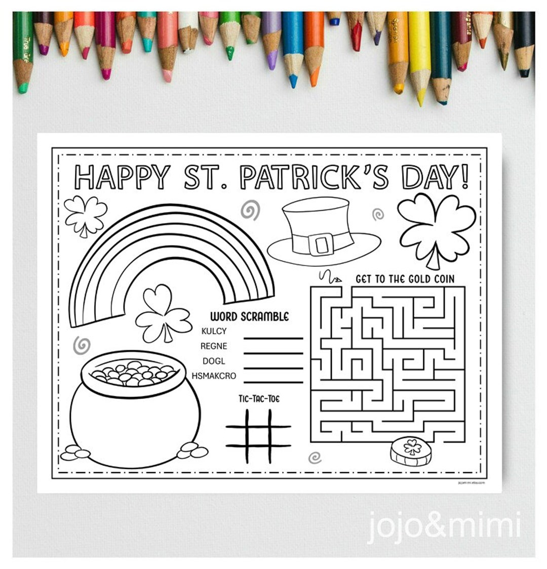 ST PATRICKS Printable Placemat Activity Shamrock Rainbow Coloring Page ...