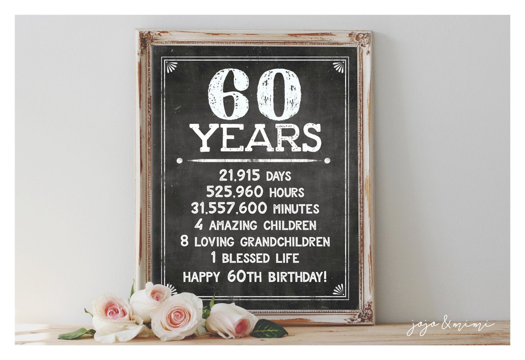 Custom '60 Years' Printable Birthday Sign Days Hours Minutes Blessed ...