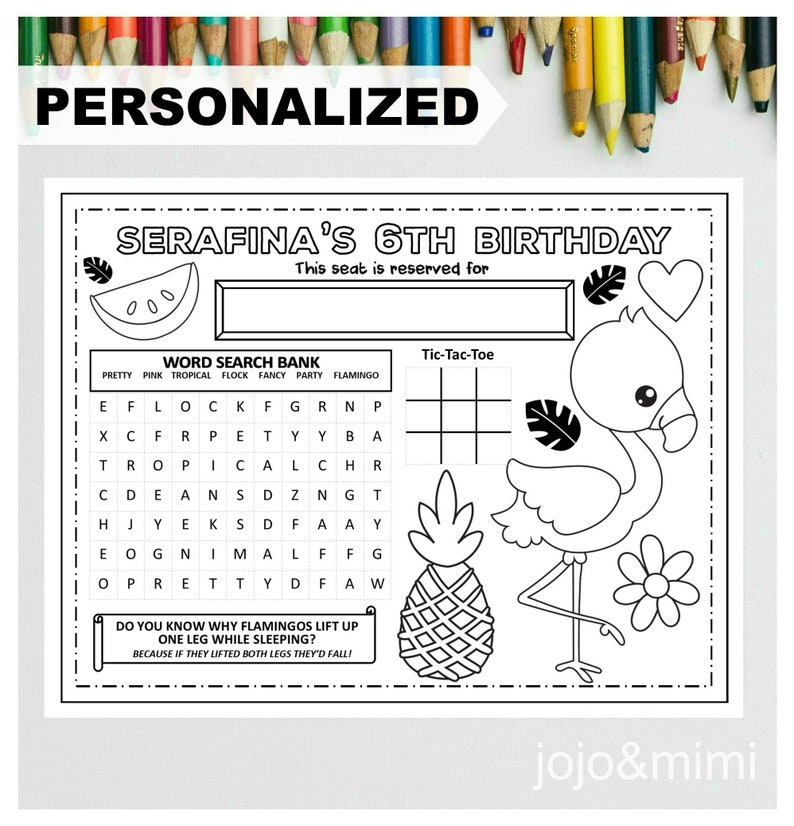 PERSONALIZED FLAMINGO Happy Birthday Printable Placemat Activity ...