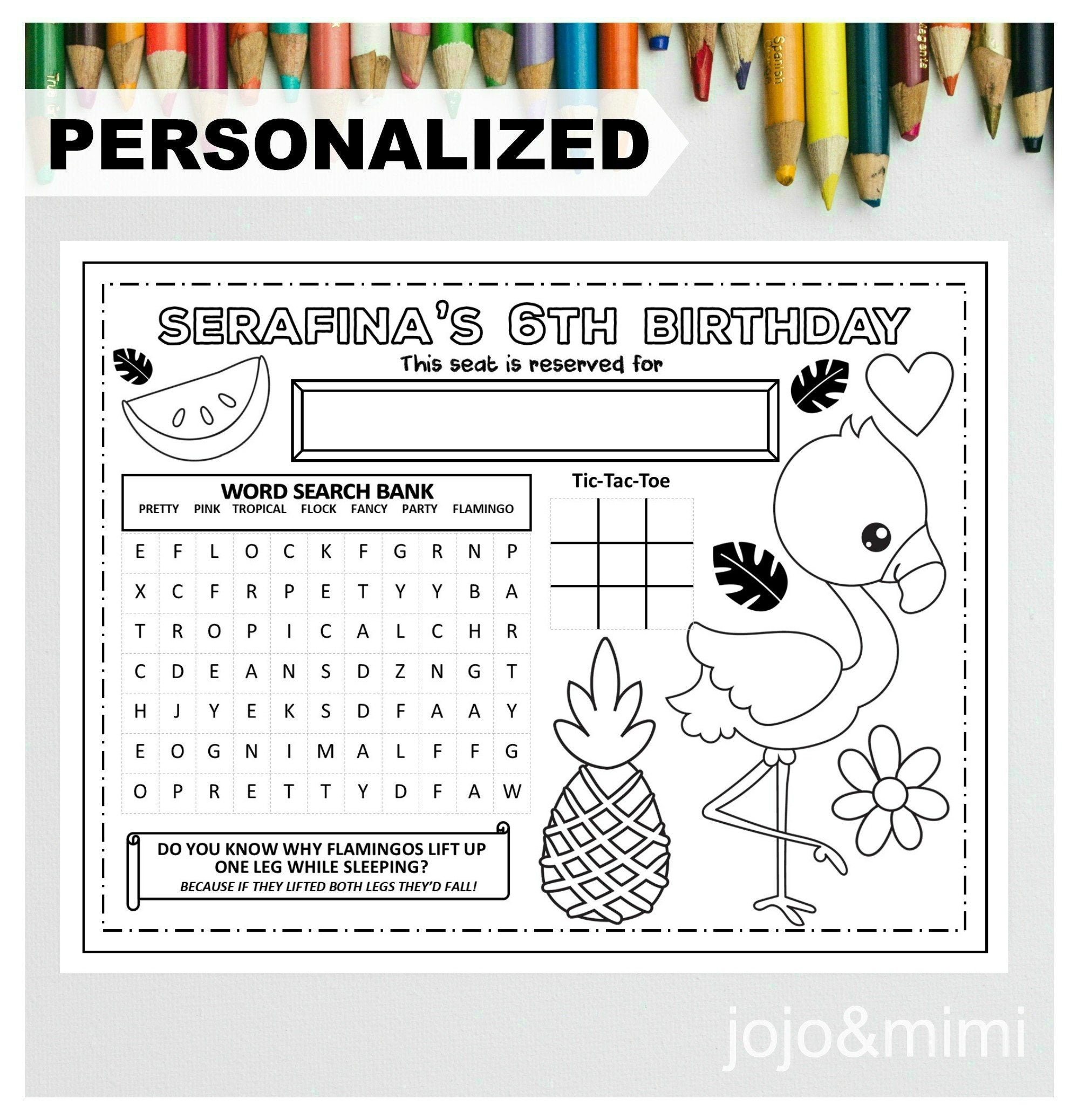 PERSONALIZED FLAMINGO Happy Birthday Printable Placemat Activity ...