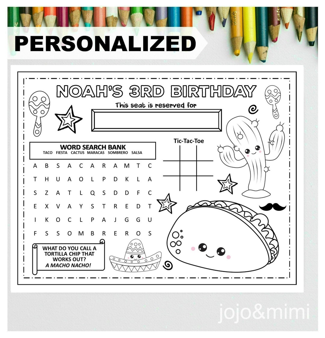 PERSONALIZED TACO Birthday Printable Placemat Activity Fiesta Coloring ...