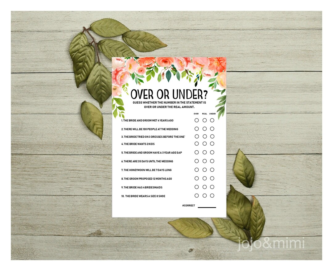 Instant OVER OR UNDER? Printable Bridal Shower Game Guess the Correct ...