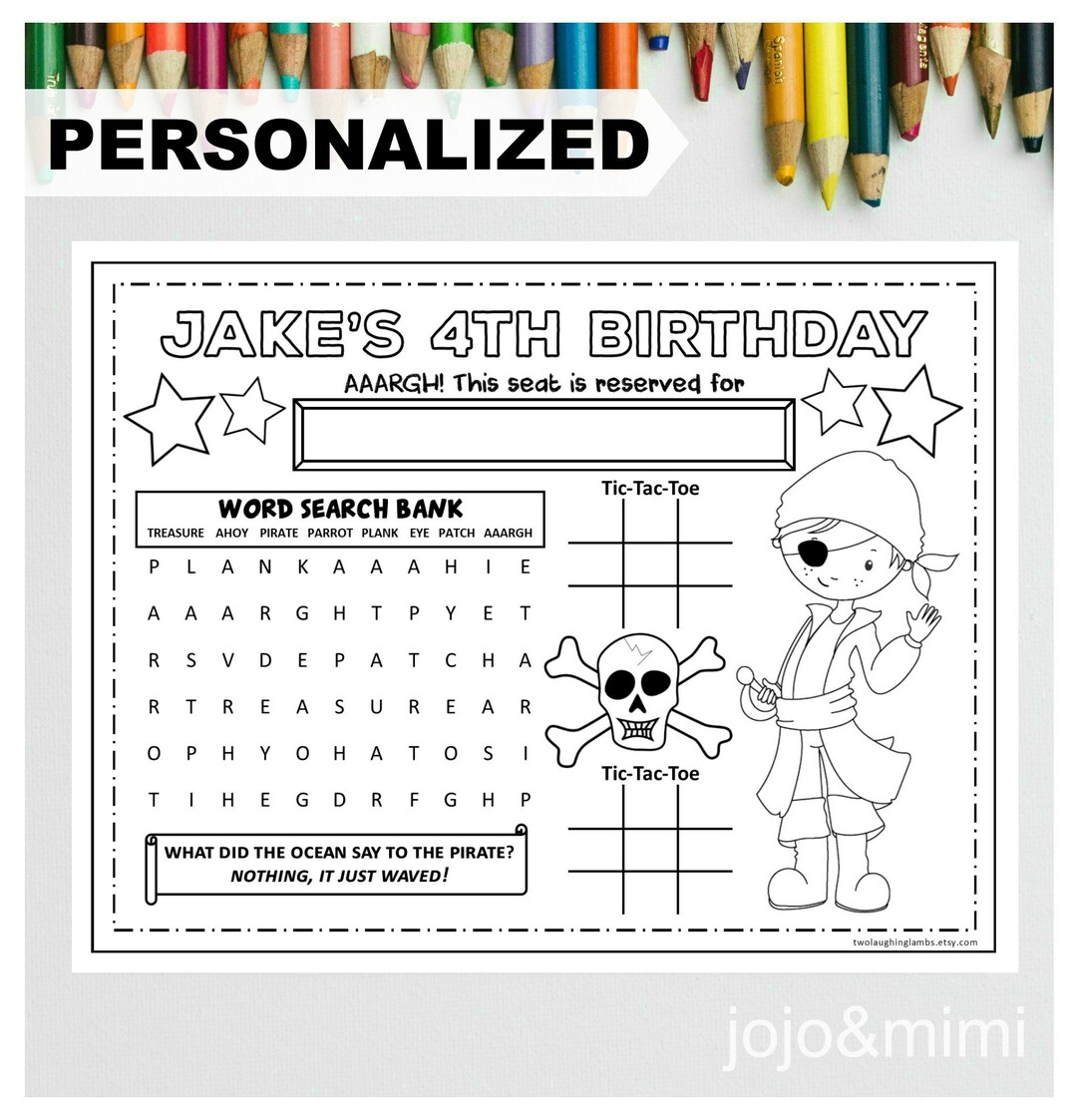 PERSONALIZED PIRATE Happy Birthday Printable Placemat Activity Birthday ...