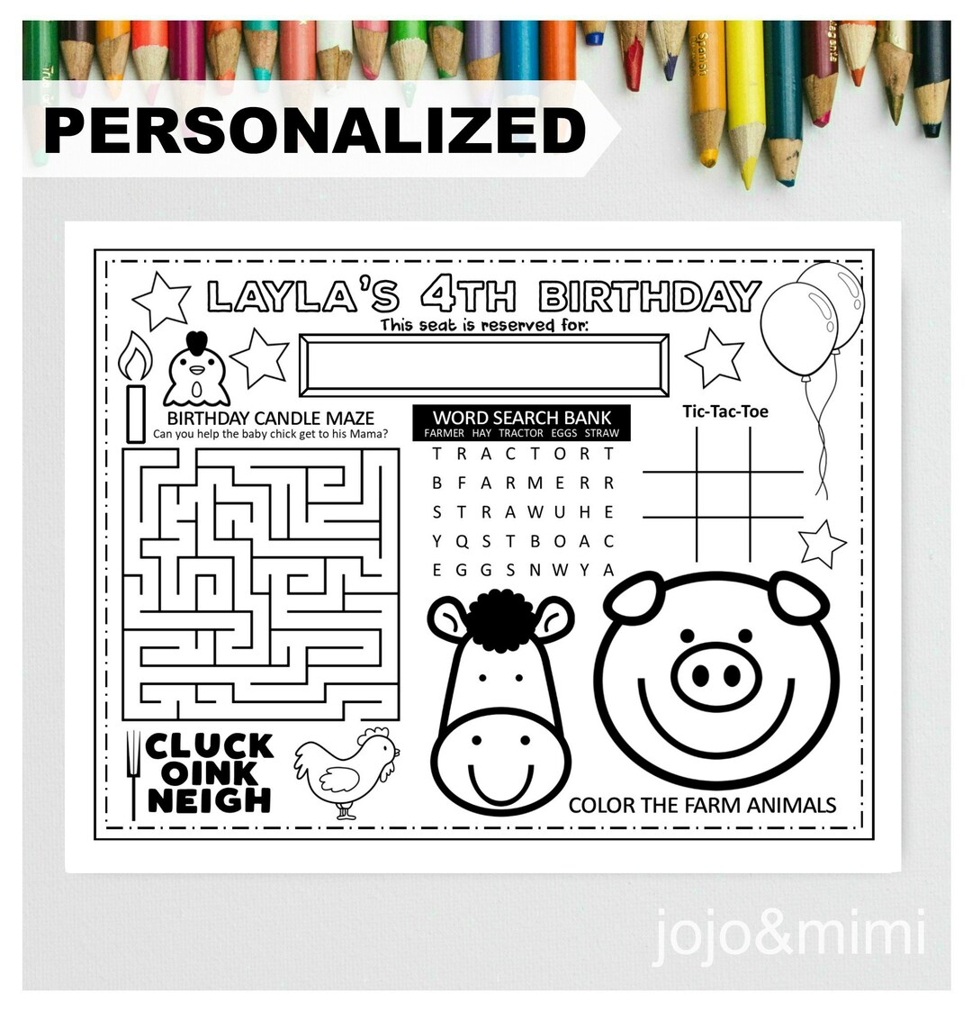 PERSONALIZED FARM Happy Birthday Printable Placemat Activity Farm ...