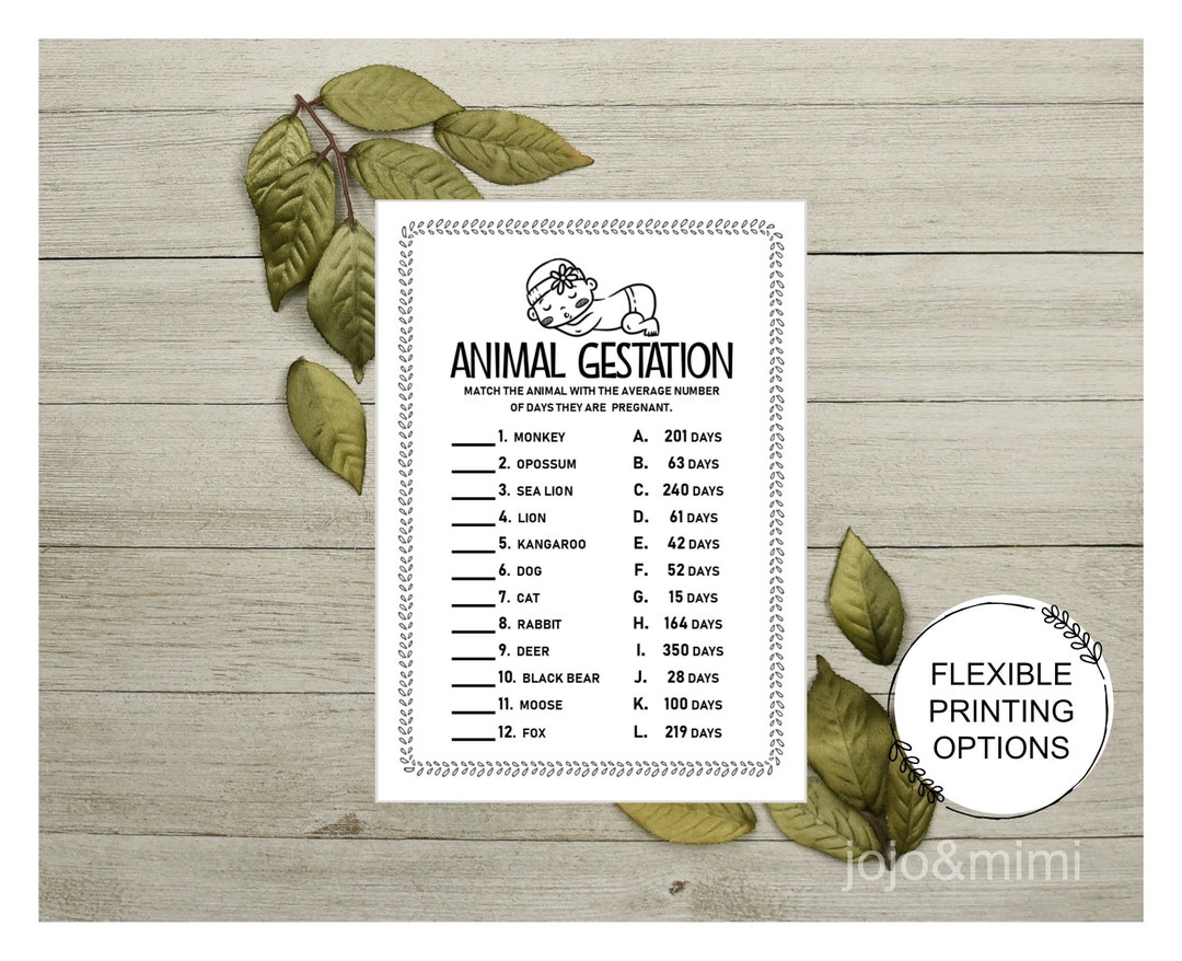 Instant ANIMAL GESTATION Printable Baby Shower Game Gestation in Days ...