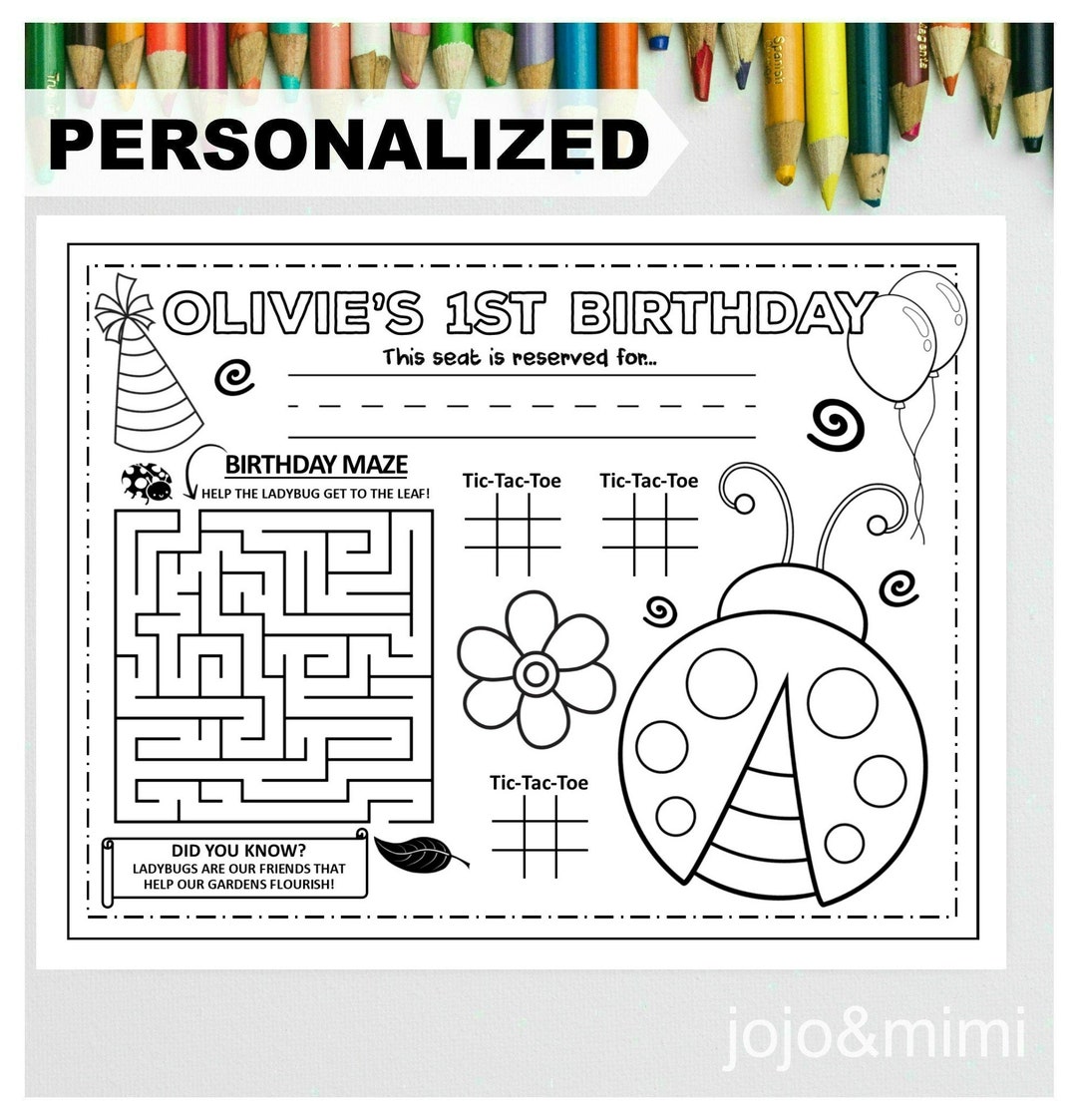 PERSONALIZED LADYBUG Happy Birthday Printable Placemat Activity ...