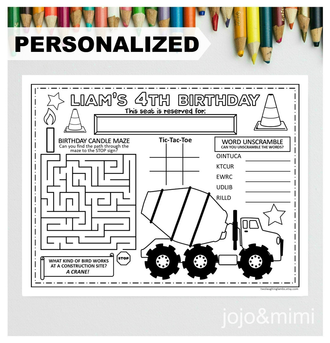 PERSONALIZED CONSTRUCTION Happy Birthday Printable Placemat Activity ...