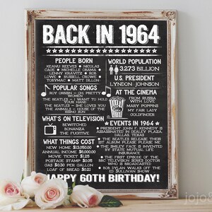 Back in 1964 PRINTABLE 60th Birthday Chalkboard Poster the Year You ...