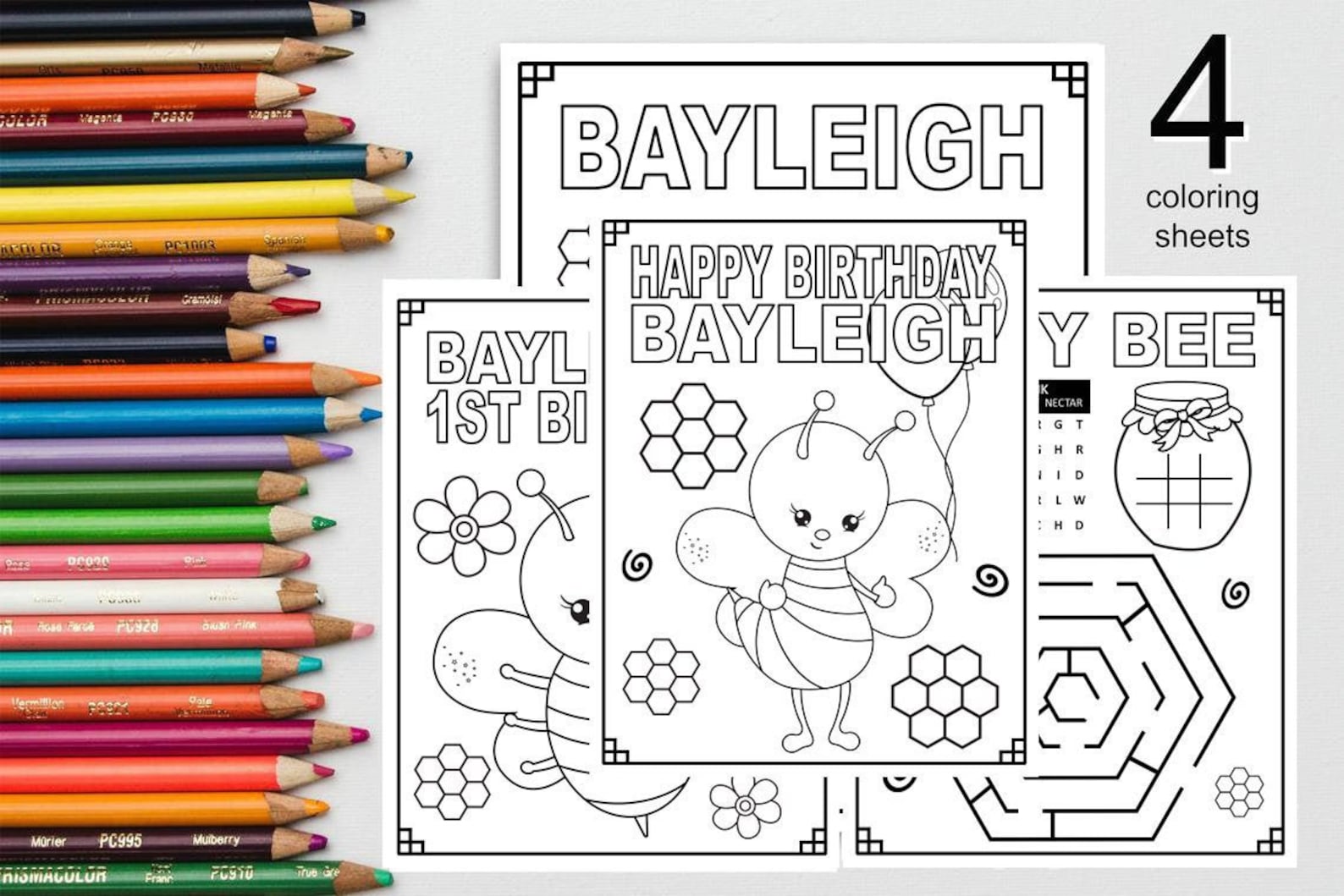 Personalized BEE HAPPY BIRTHDAY Printable Coloring Pages | Etsy