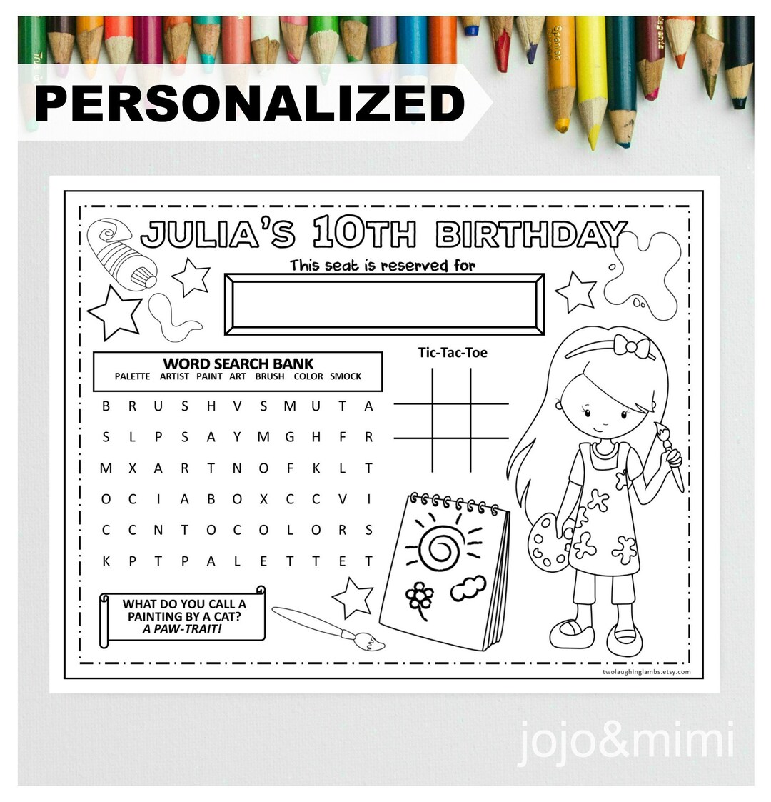 PERSONALIZED ART PARTY Happy Birthday Printable Placemat Activity ...