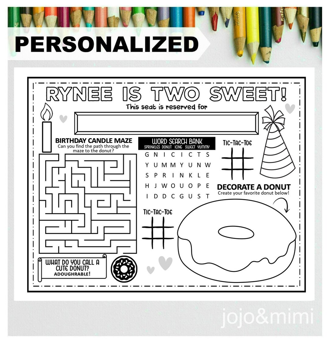 PERSONALIZED DONUT Happy Birthday Printable Placemat Activity Birthday ...