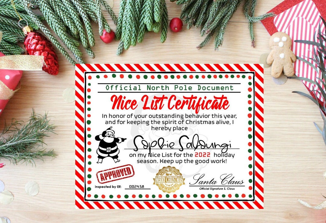 PERSONALIZED Nice List Certificate Christmas Letter From Santa Nice ...