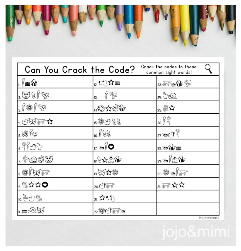 CRACK THE CODE Sight Word Practice Printable Kids Home School Worksheet ...