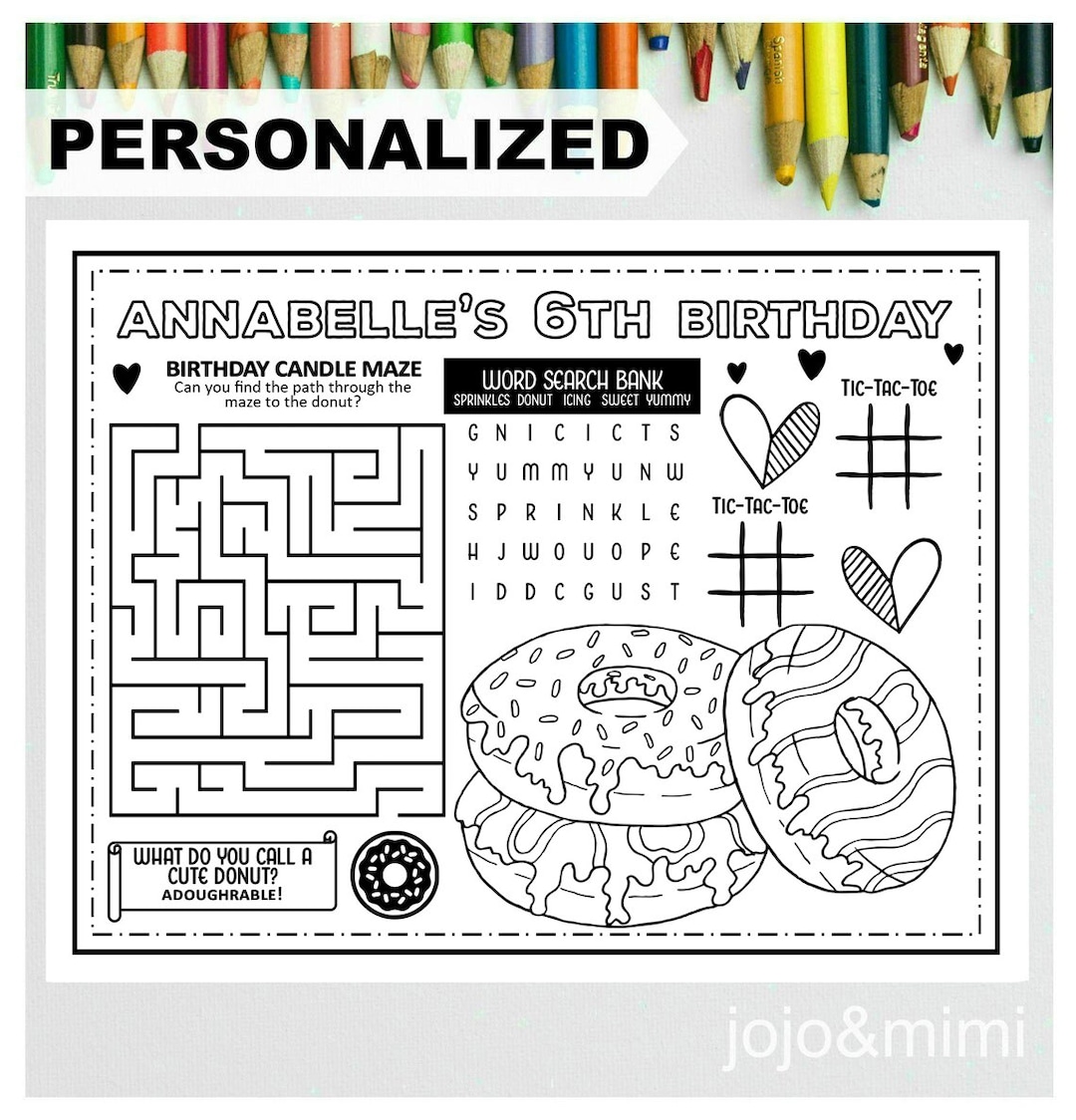 PERSONALIZED DONUT Happy Birthday Printable Placemat Activity Birthday ...