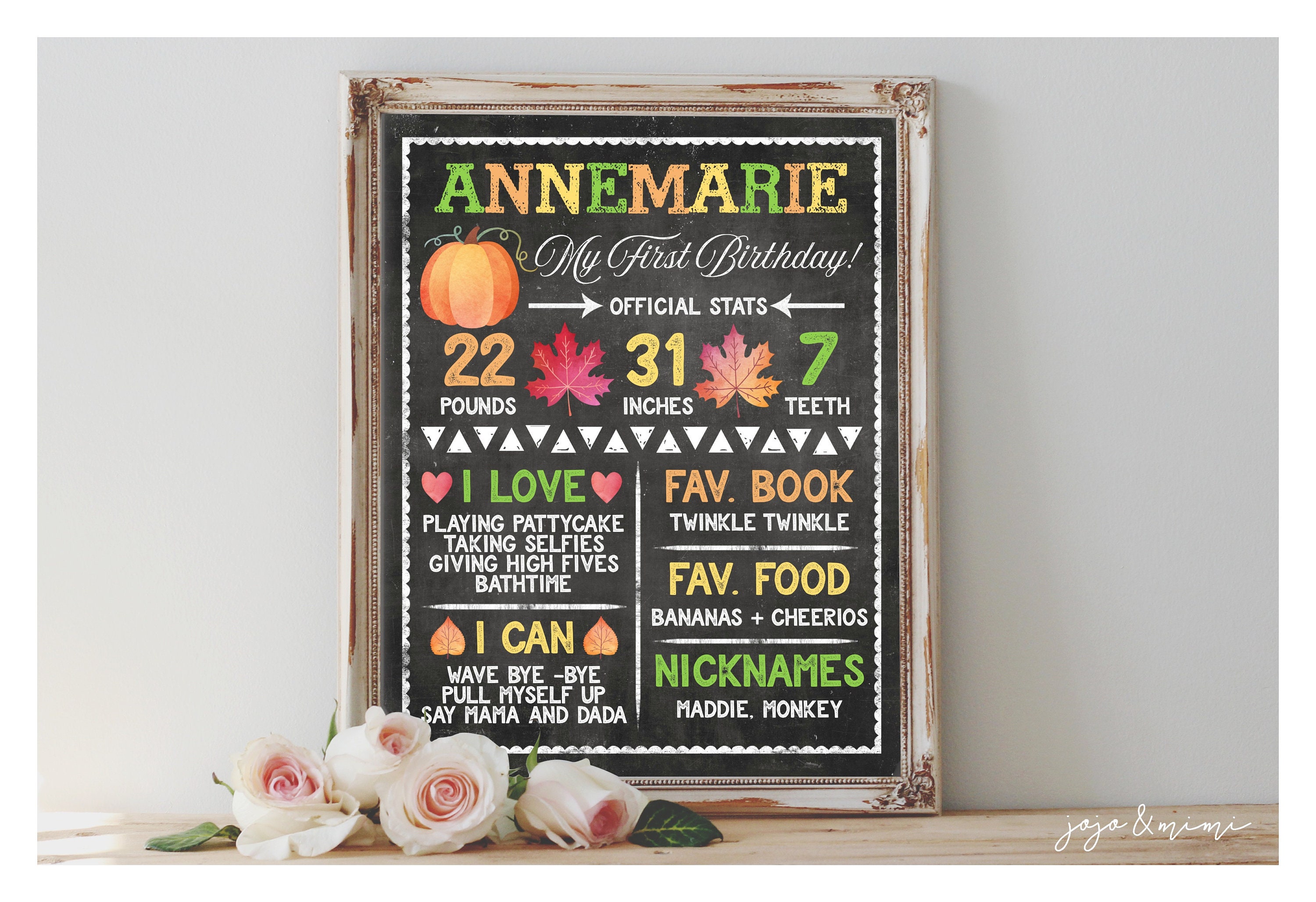 FALL First Birthday Chalkboard Printable Sign Milestone Baby Facts 1st ...