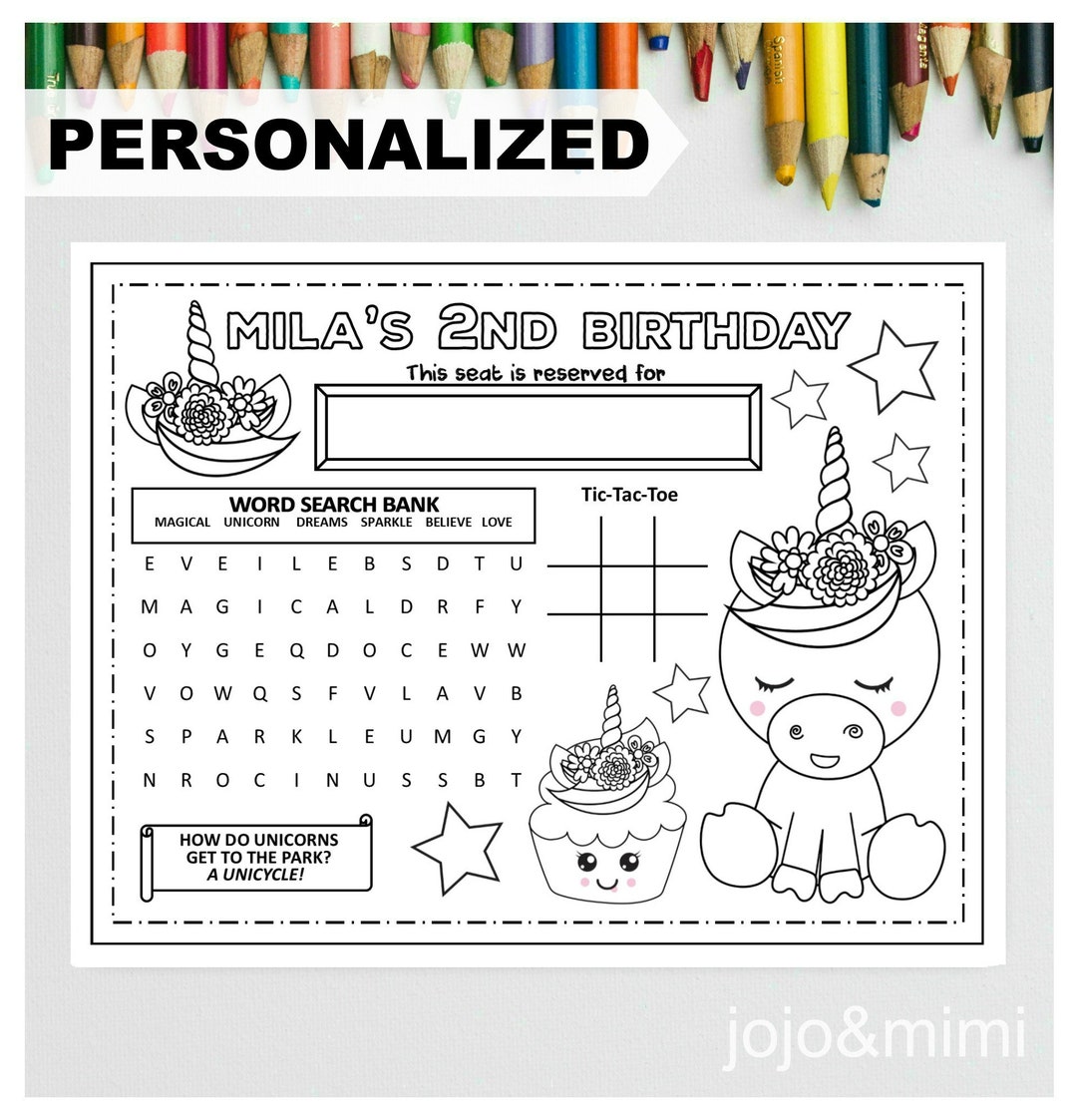 PERSONALIZED UNICORN Happy Birthday Printable Placemat Activity ...