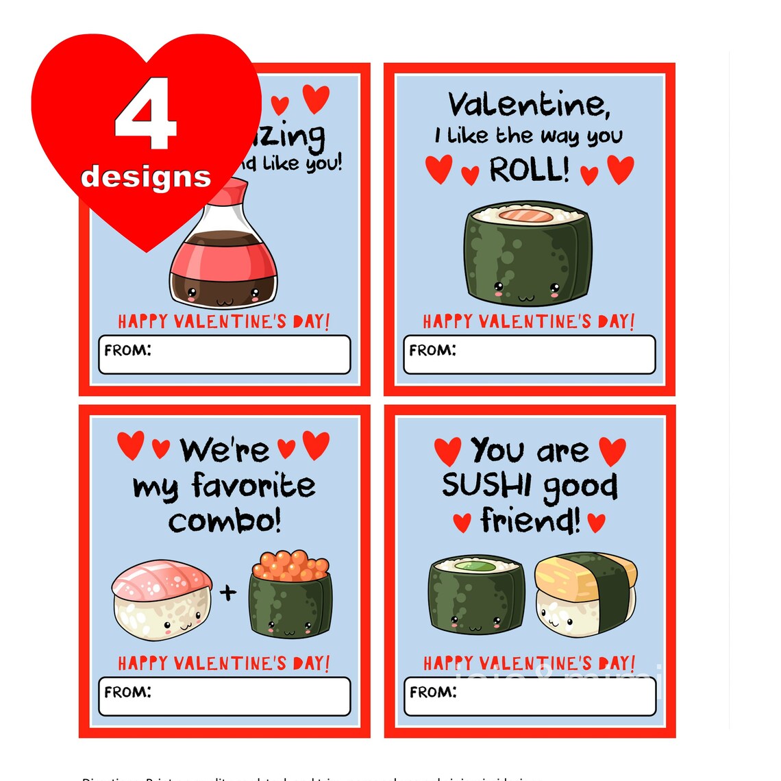 Instant VALENTINE CARD Sushi Printable Valentine Classroom - Etsy