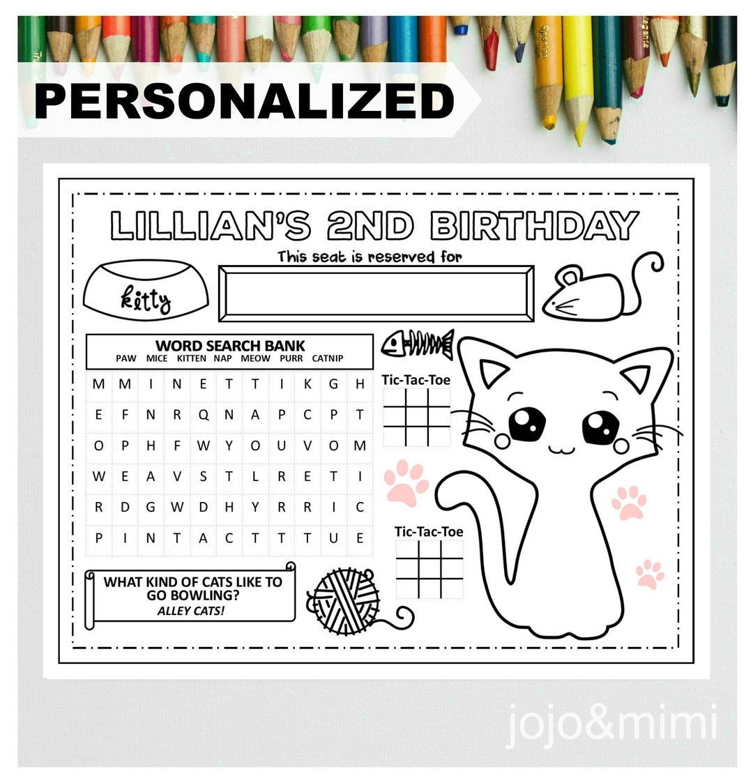 PERSONALIZED KITTY Happy Birthday Printable Placemat Activity Birthday ...