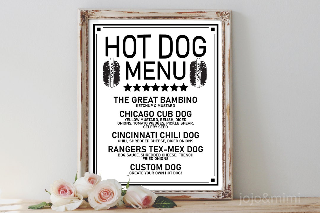 Custom 'HOT DOG MENU' Digital Sign Printable Hot Dog Menu Sign Wedding ...