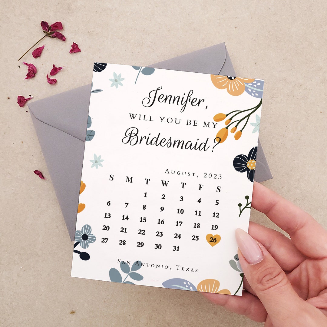 Bridesmaid Proposal Calendar Card, Yellow and Gray Flowers Personalized ...