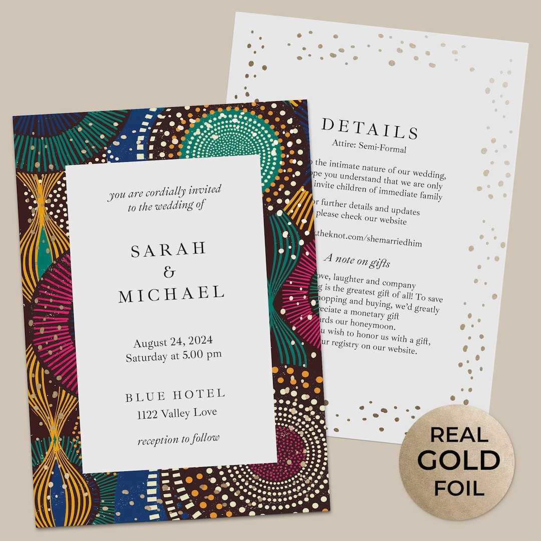 Ethnic African Art Themed Wedding Invitations With Real Gold Foil ...