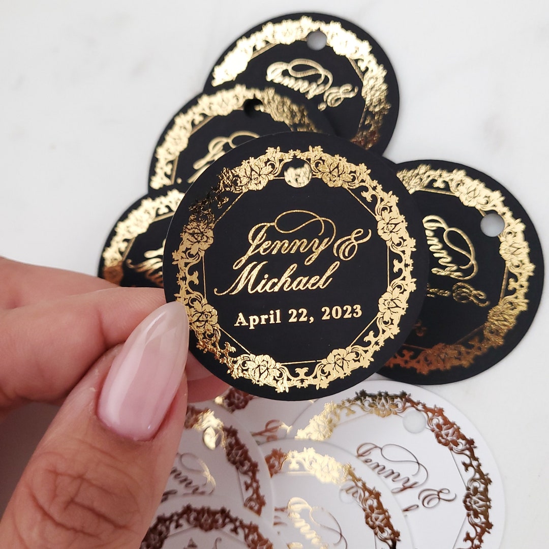Round Frame Gold Foiled Custom Wedding Favor Tags in Black, Red, Blue ...