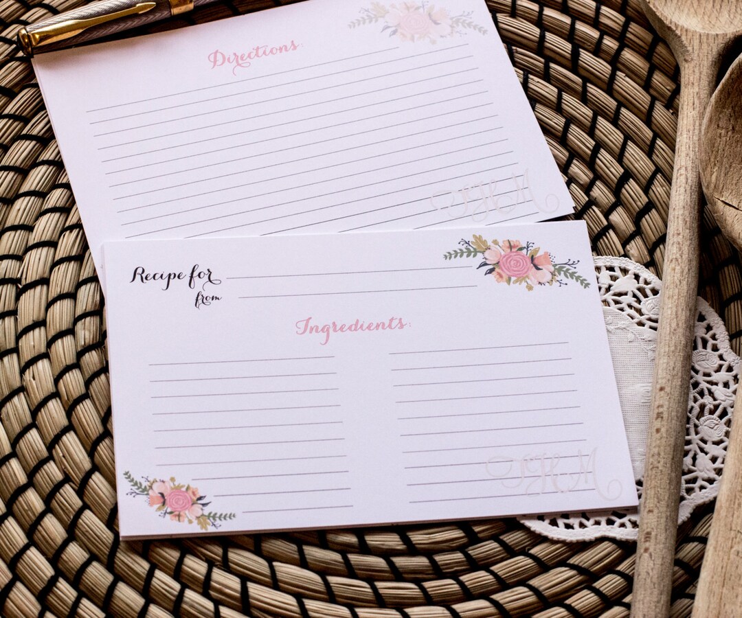 24 CT Floral Recipe Cards Bridal Shower Recipe Cards Monogrammed Double ...