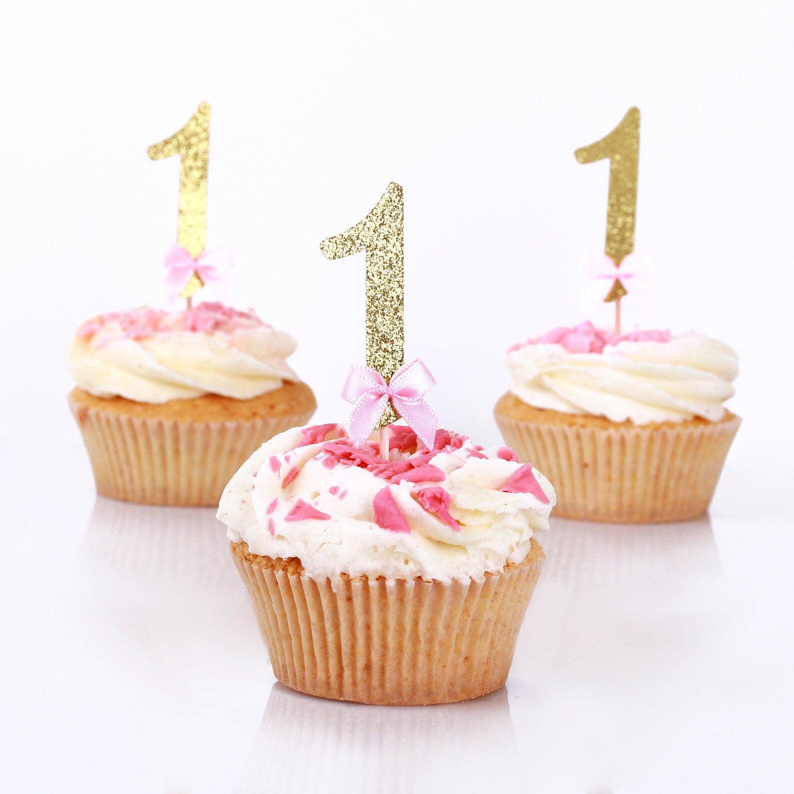 Gold Glitter Number One Cupcake Toppers: Pink Bow, First Birthday - Etsy