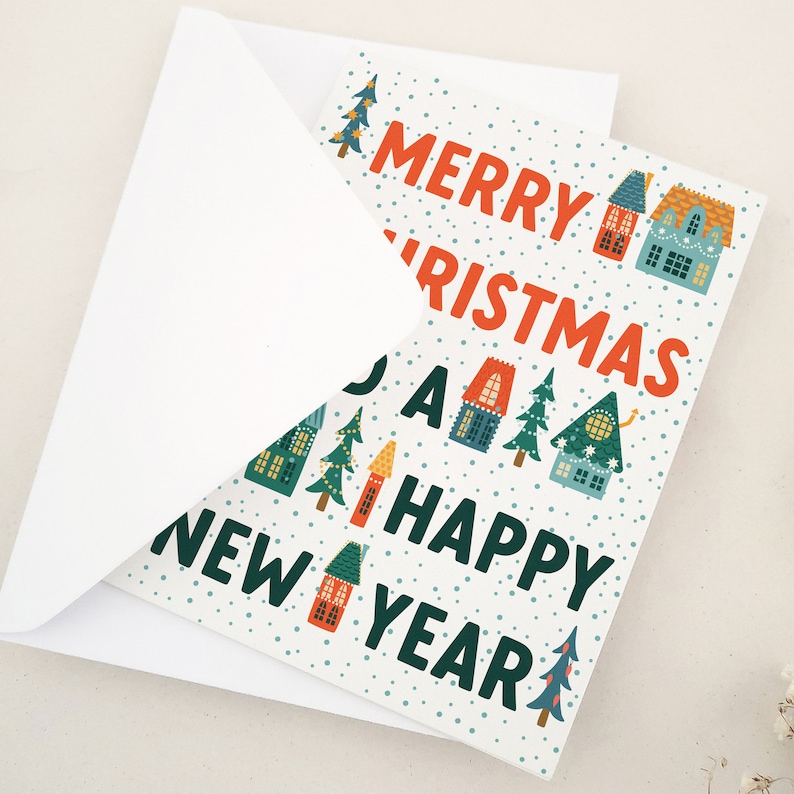Merry Christmas and Happy New Year Card Nordic Village Design - Etsy